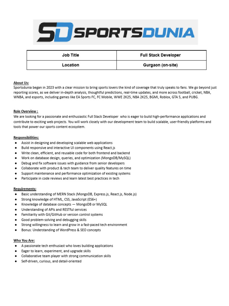 Full Stack Developer - JD - Sportsdunia | PDF