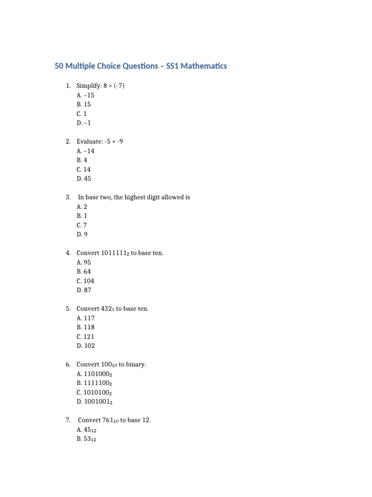 SS1 Mathematics 50 Questions | PDF