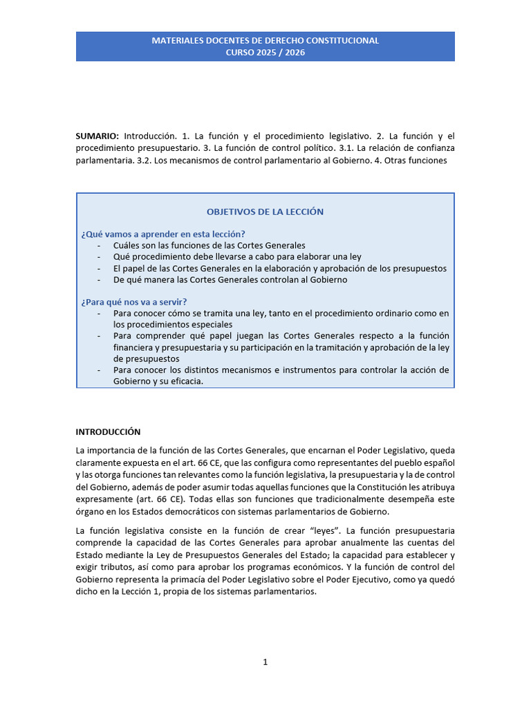 Funciones de las Cortes Generales en España | PDF | Cortes Generales ...