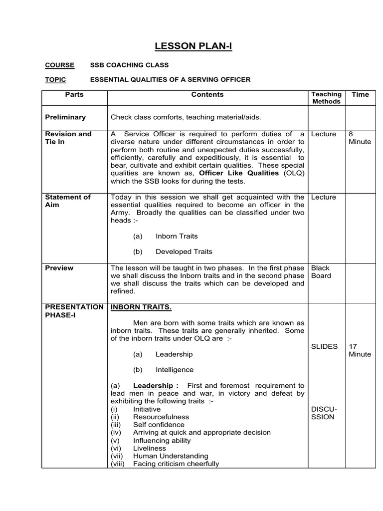 Lesson Plan - Ssb Interview | PDF | Psychological Concepts