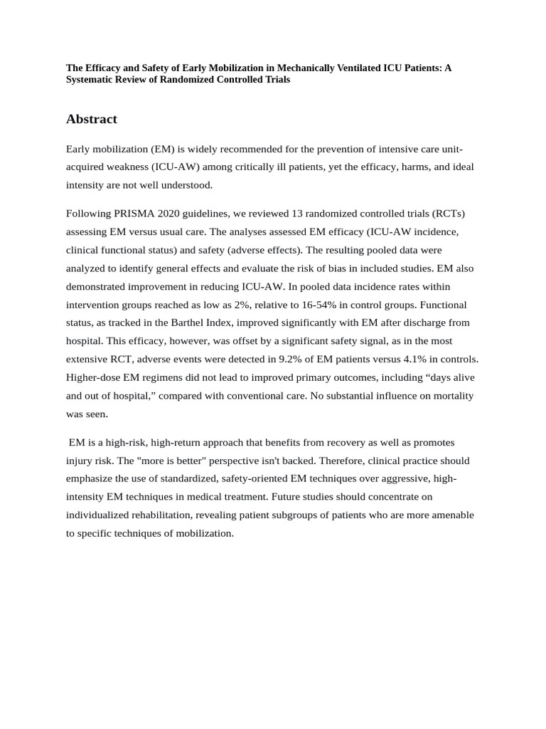 The Efficacy and Safety of Early Mobilization in Mechanically ...