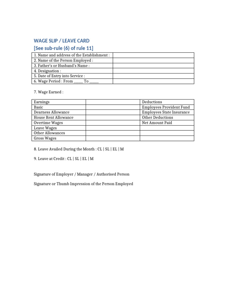 Wage Slip and Leave Card Template | PDF