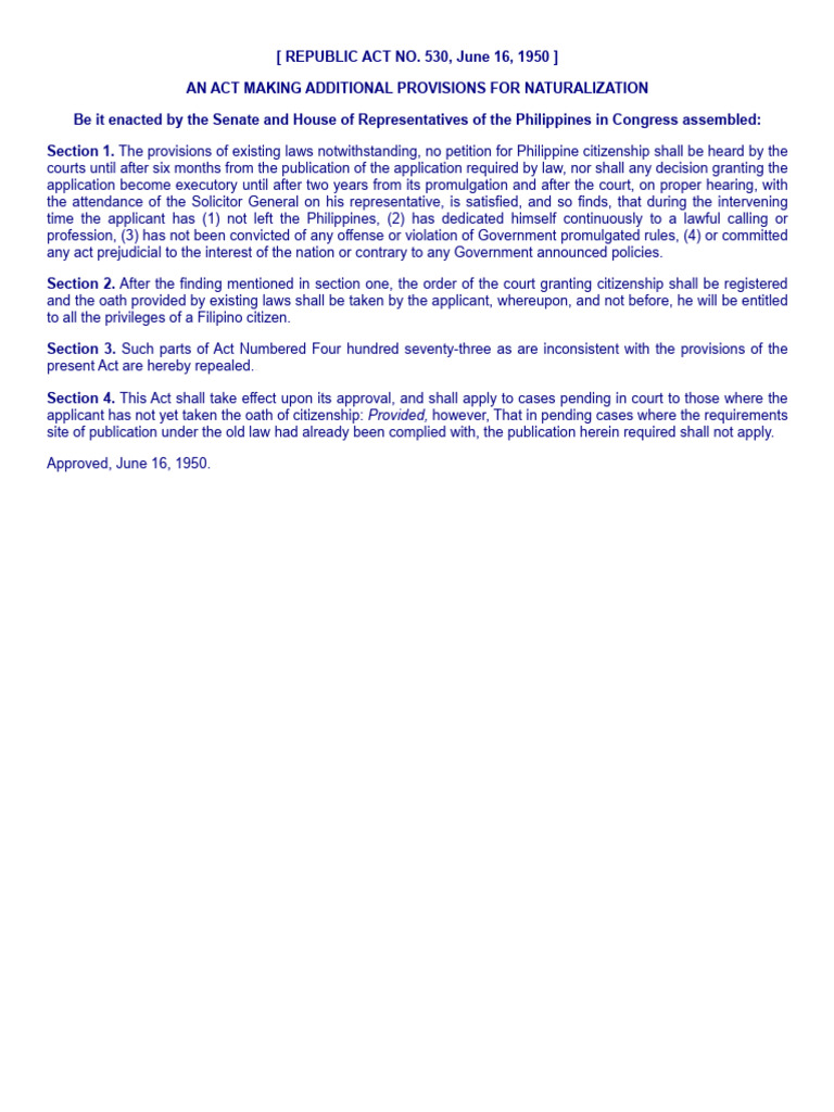 Republic Act 530 an Act Making Additional Provisions for Naturalization ...