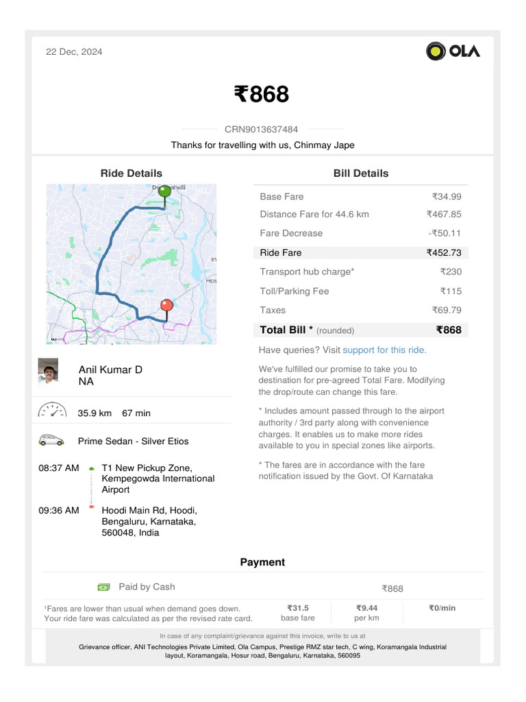 Ola Ride Invoice Summary - ₹868 Total | PDF | Fare | Invoice