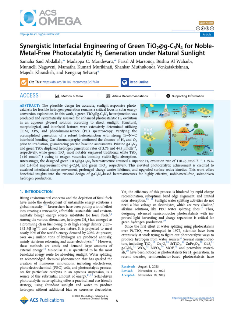 Green TiO2@g-C3N4 for Solar H2 Production | PDF | Applied And ...