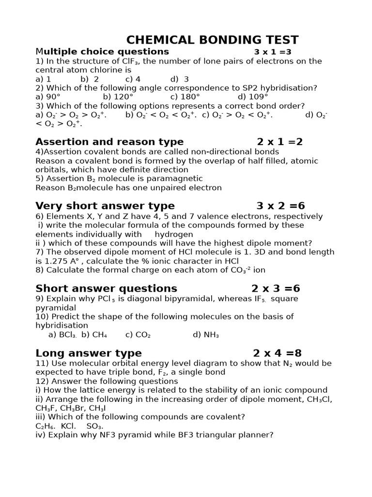 Chemical Bonding Sep Test | PDF
