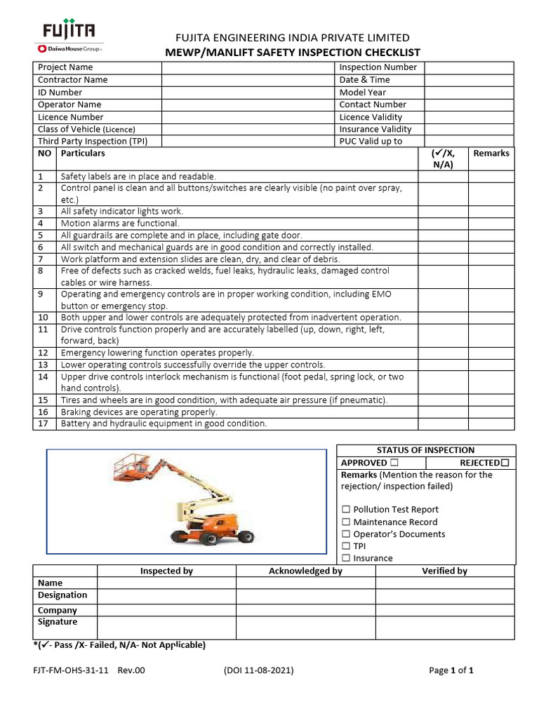 MEWP Safety Inspection Checklist | PDF | Switch | Vehicles