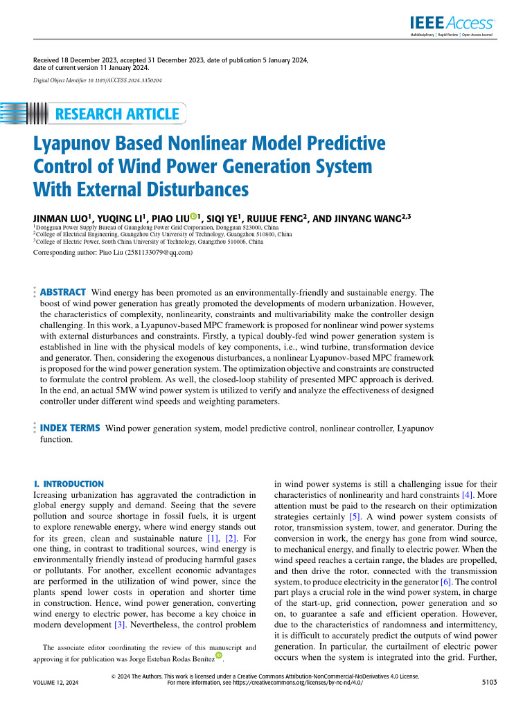 Lyapunov Based Nonlinear Model Predictive Control of Wind Power ...
