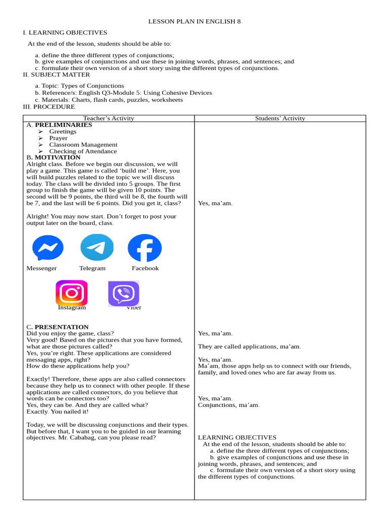 Types of Conjunctions Lesson Plan | PDF | Linguistics | Grammar