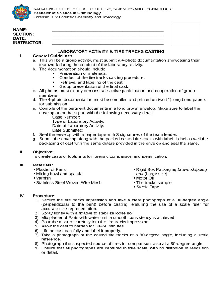 Copy-of-FS-103-LAB-SHEET-9 | PDF | Forensic Science | Tire