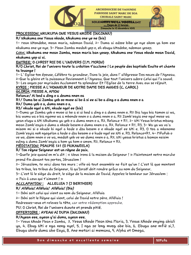 Messe du Christ Roi : Programme et Chants | PDF | Agnus Dei | Prière ...