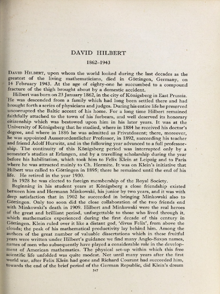 Weyl 1997 David Hilbert 1862 1943 | PDF | Mathematics