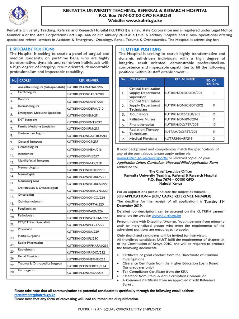 KUTRRH Jobs Advert 9th Dec 2019 | PDF | Clinical Medicine | Medicine