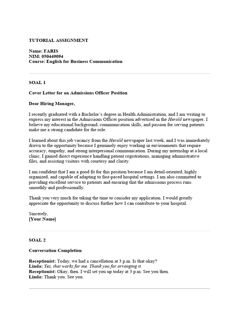 Cover Letter for Admissions Officer Role | PDF | Communication | Social ...