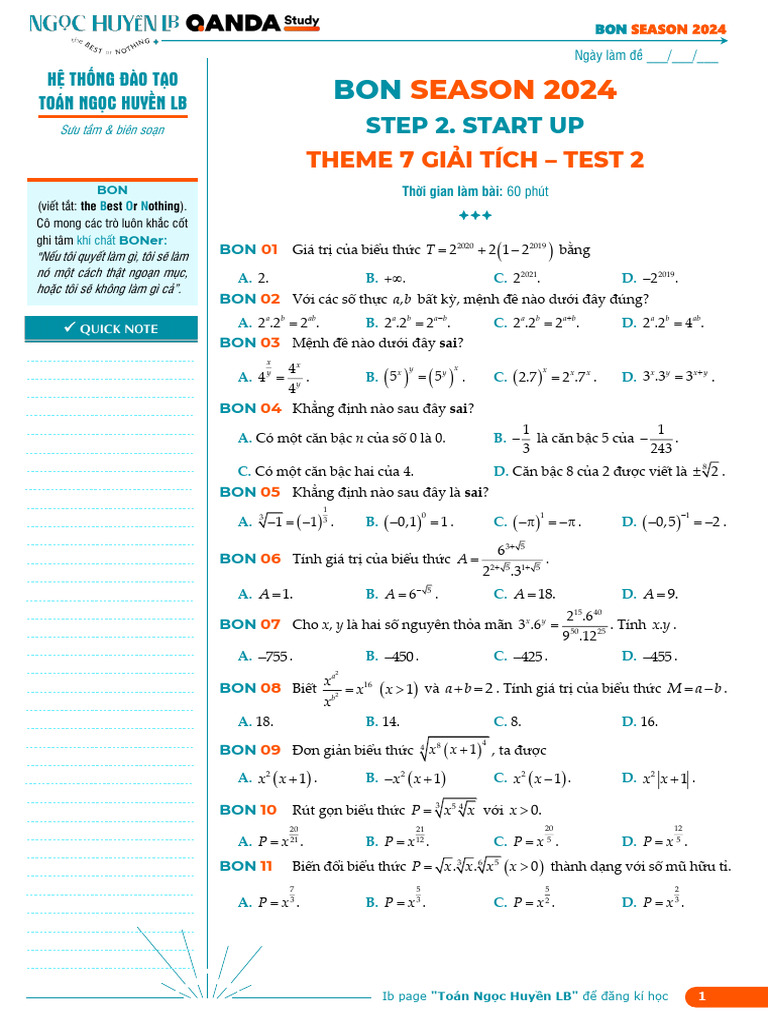 (Ngọc Huyền LB) Theme 7 Giải Tích - Test 2 | PDF