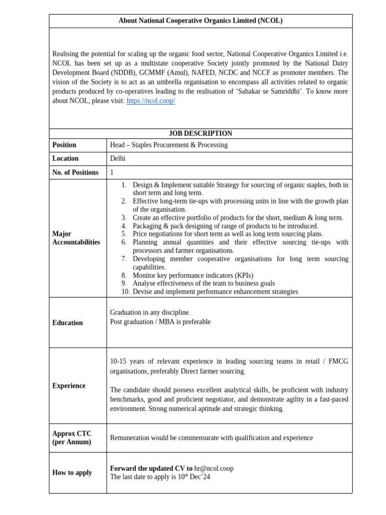 JD NCOL Head Sourcing Processing | PDF | Business