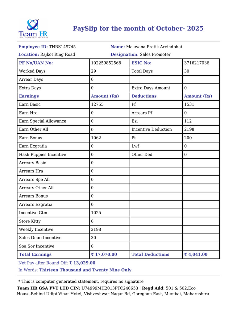 Payslip For The Month of October-2025: Employee Id: Name: Location ...