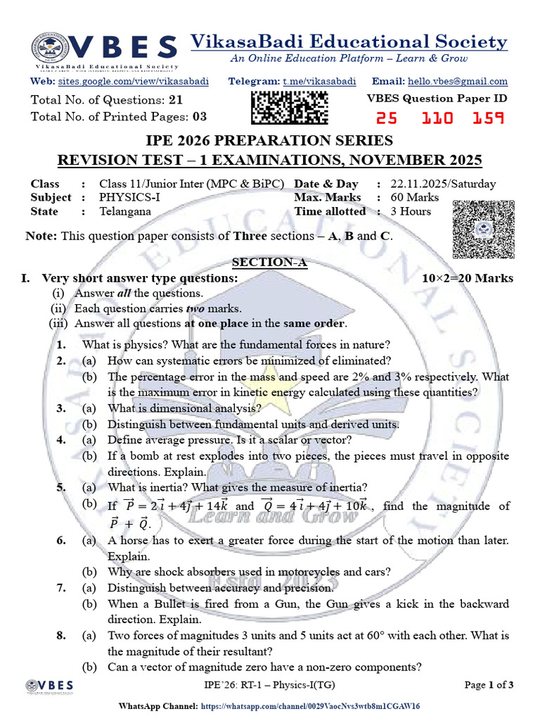 IPE 2026 Physics Revision Test Paper | PDF | Force | Mechanical Engineering