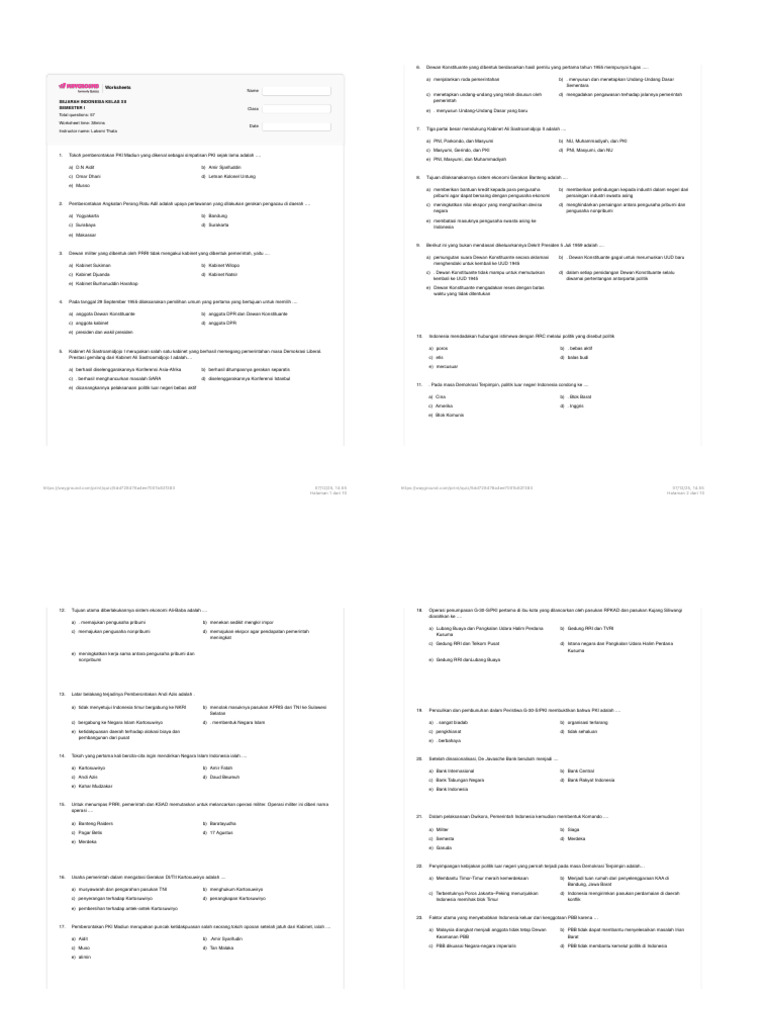 Sejarah Indonesia Kelas Xii Semester i | Wayground | PDF