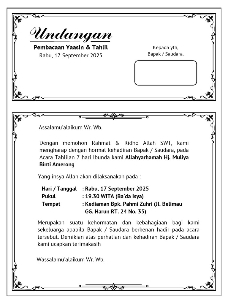 Putih Hitam Minimalis Klasik Undangan Yasin Dan Tahlil - 20250915 ...