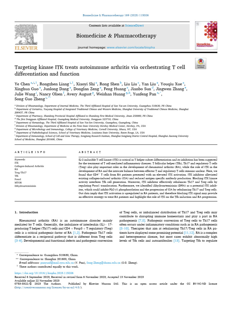 Targeting Kinase ITK Treats Autoimmune Arthritis via Orchestrating T ...
