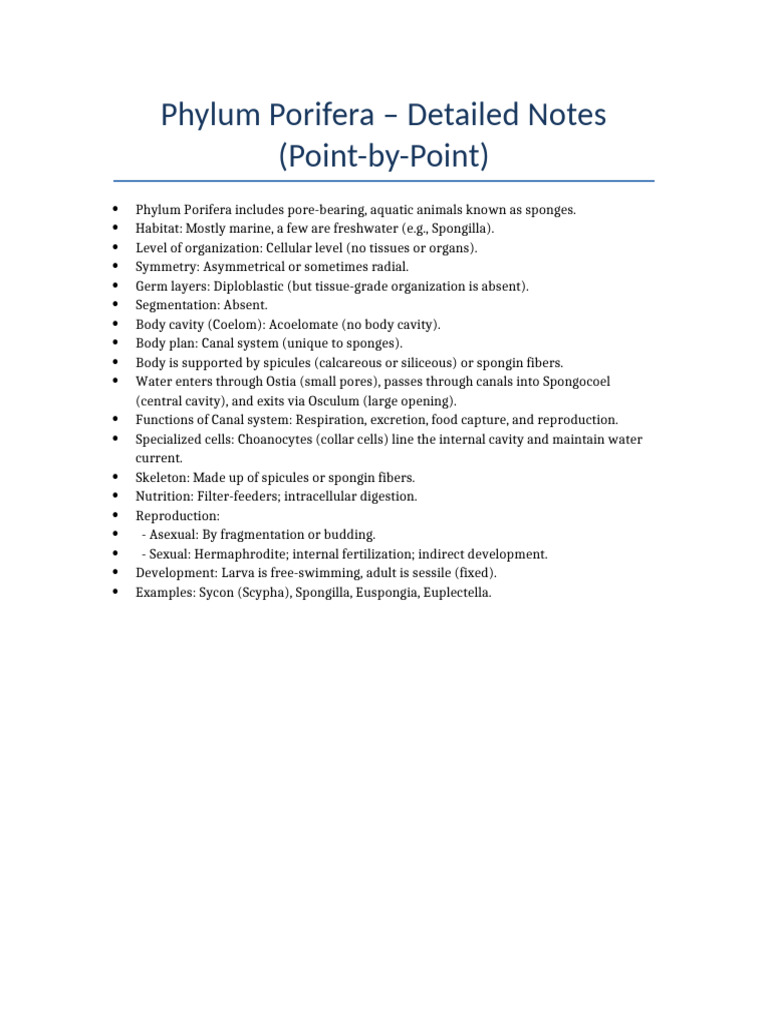 Phylum Porifera Detailed Notes | PDF