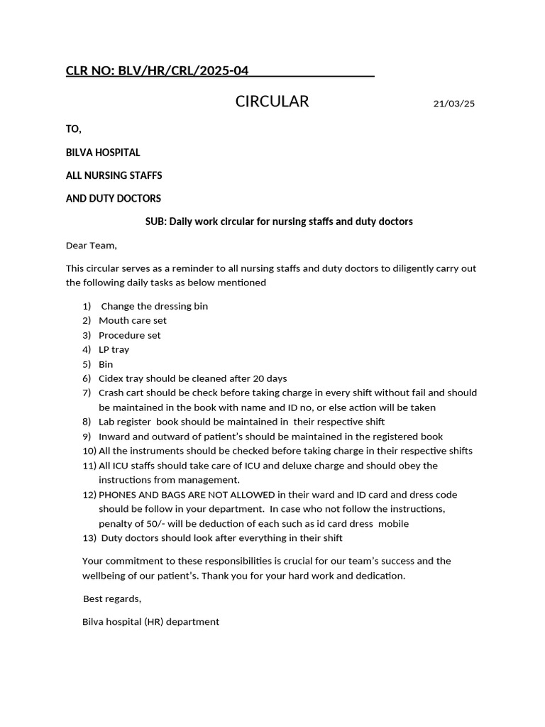 Daily Tasks for Nursing Staff & Doctors | PDF