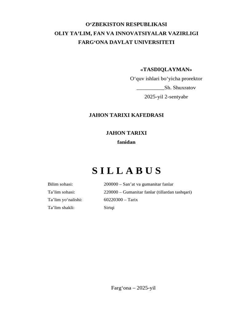 2 Kurs Jahon Tarixi 2025-2026 Oxirgi (2) | PDF