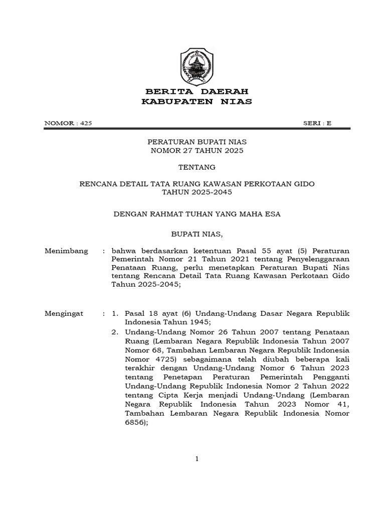 Perbup Nomor 27 Tahun 2025 TTG RDTR Kawasan Perkotaan Gido | PDF