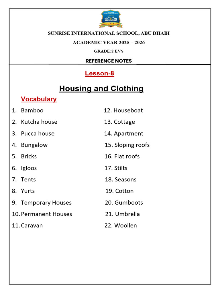 Lesson 8 Housing and Clothing (Reference Notes) | PDF