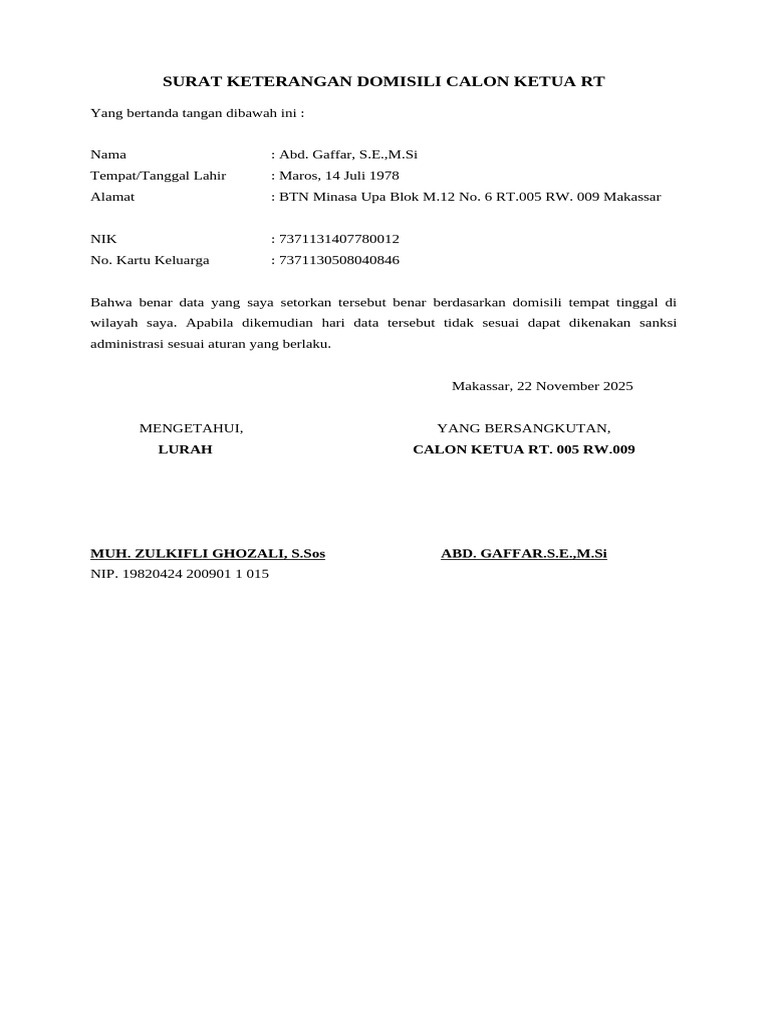 Surat Pernyataan Calon Ketua RT 005 Makassar | PDF