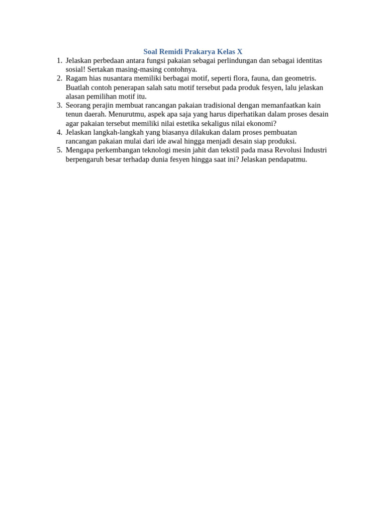 Soal Remidi Prakarya Kelas X Fesyen | PDF