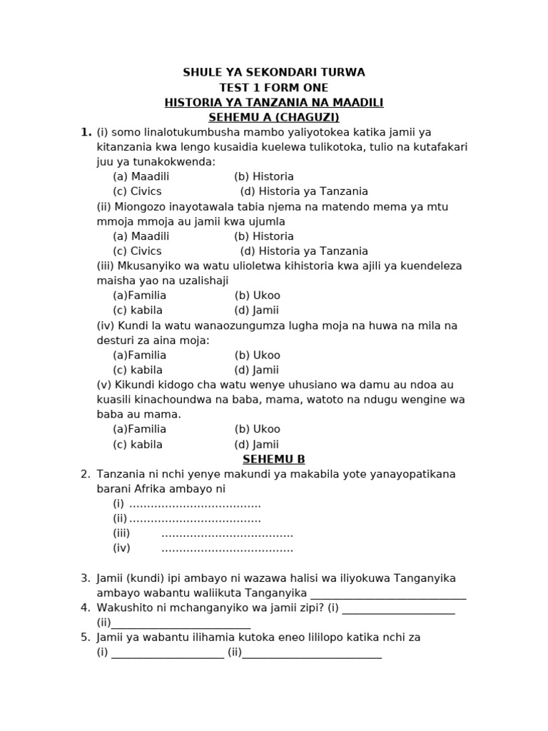 Mtihani Wa Form One Turwa | PDF