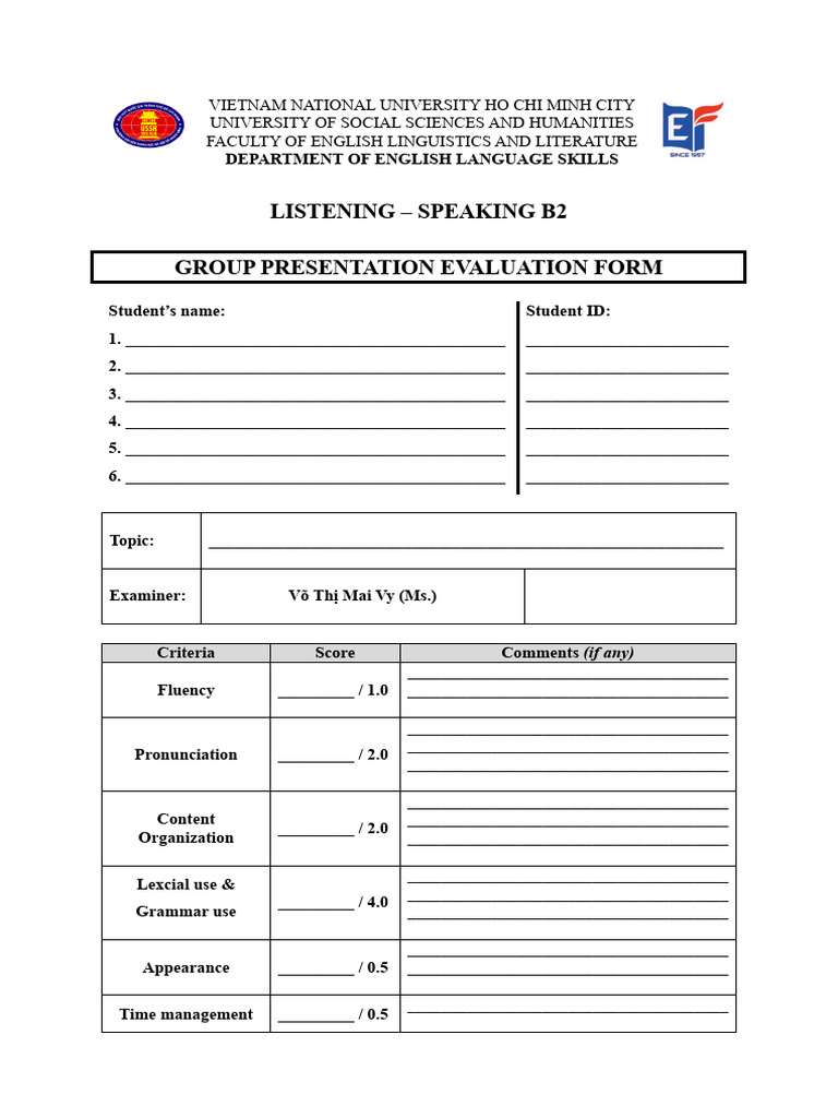 Group Presentation Evaluation Form | PDF | Fluency | English Language