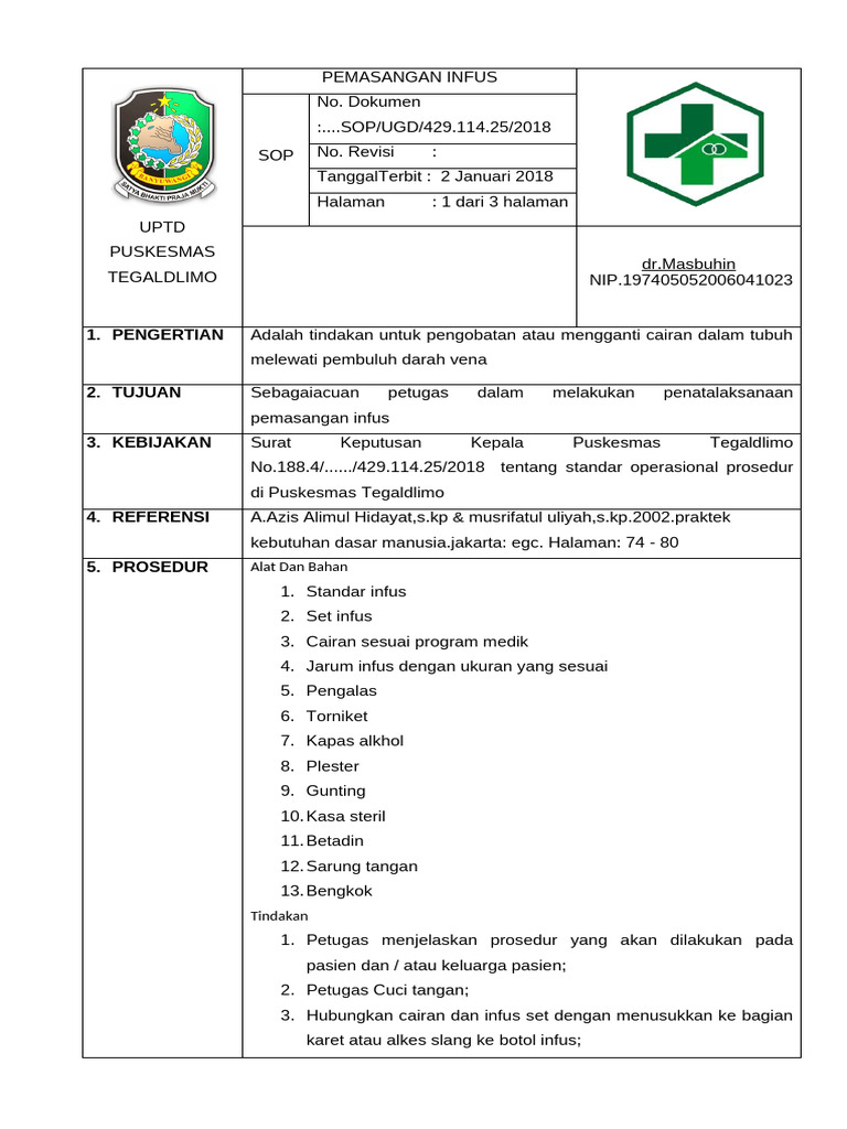 SOP Pemasangan Infus di Puskesmas | PDF