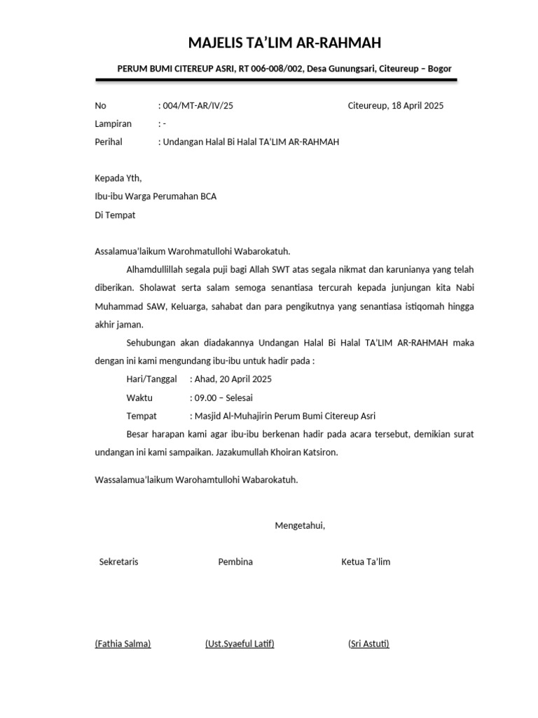 Undangan Halal Bi Halal Ta'Lim Ar-Rahmah Warga Bca | PDF