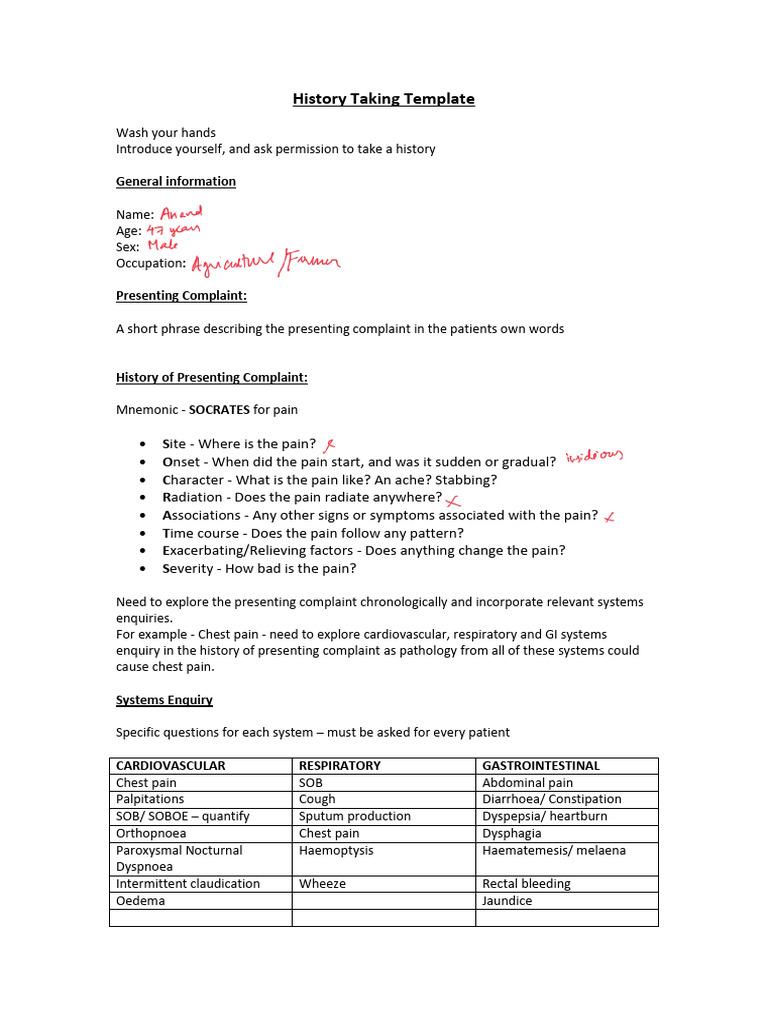 Comprehensive History Taking Template | PDF | Pain | Human Diseases And ...