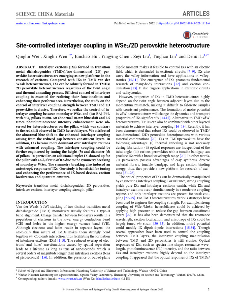 Interlayer Coupling in WSe2/2D Perovskite | PDF | Materials Science ...