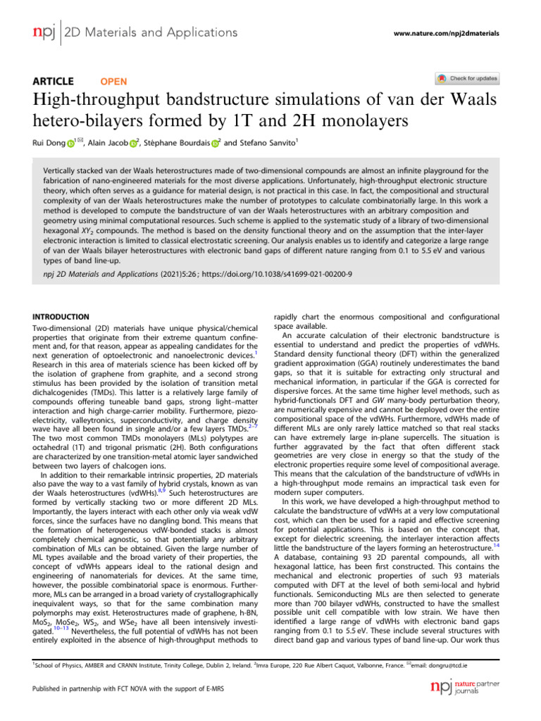 1T and 2H Materials Npj 2D Materials and Applications 2021 | PDF ...