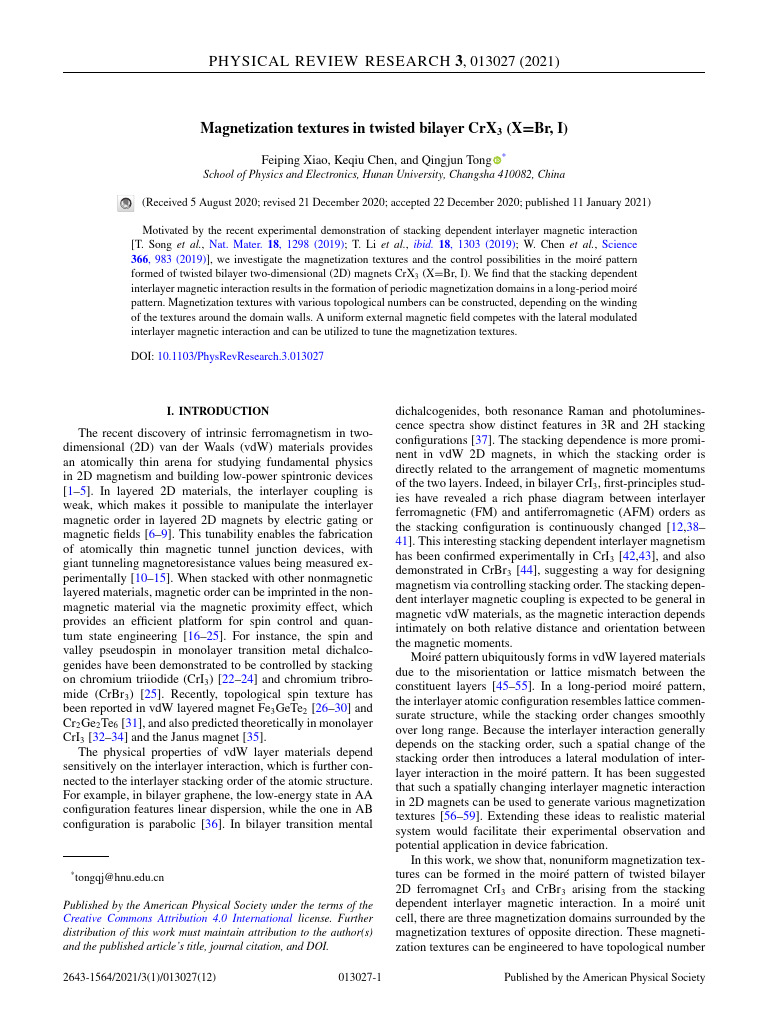 Twisted Bilayer Crx3 (x=Br, i) Physical Review Research 2021 | PDF ...