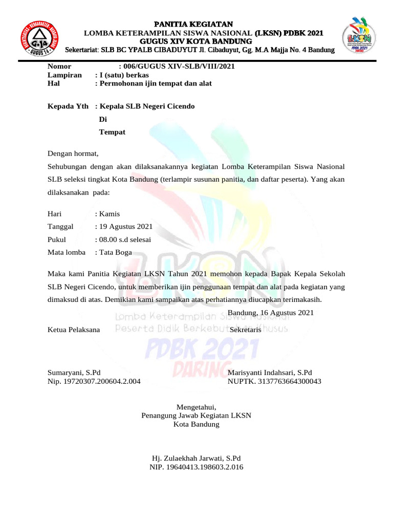 Permohonan Ijin LKSN SLB Bandung | PDF
