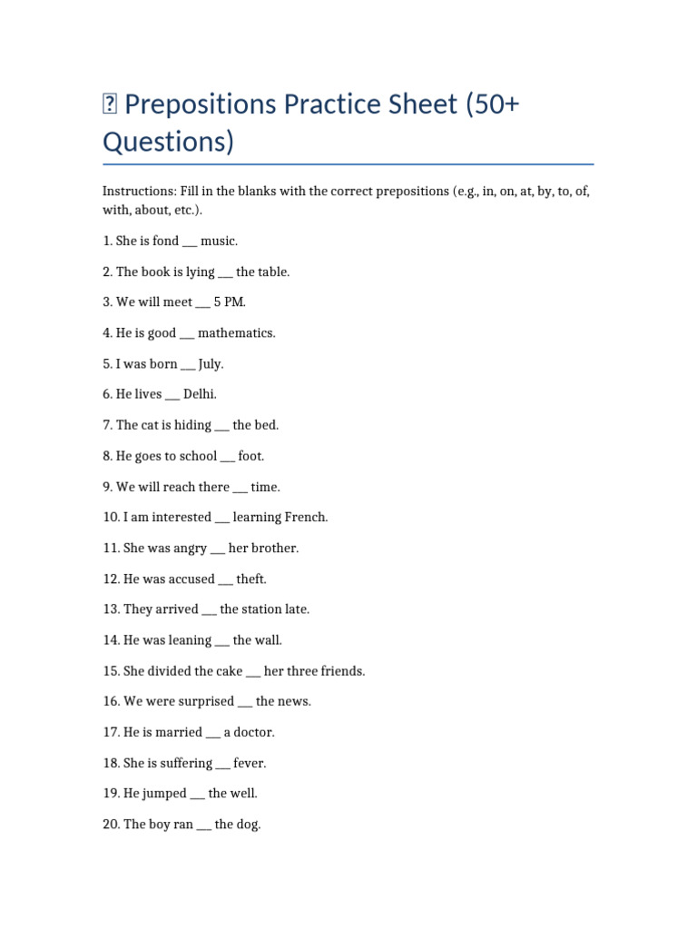 Prepositions Practice Sheet | PDF
