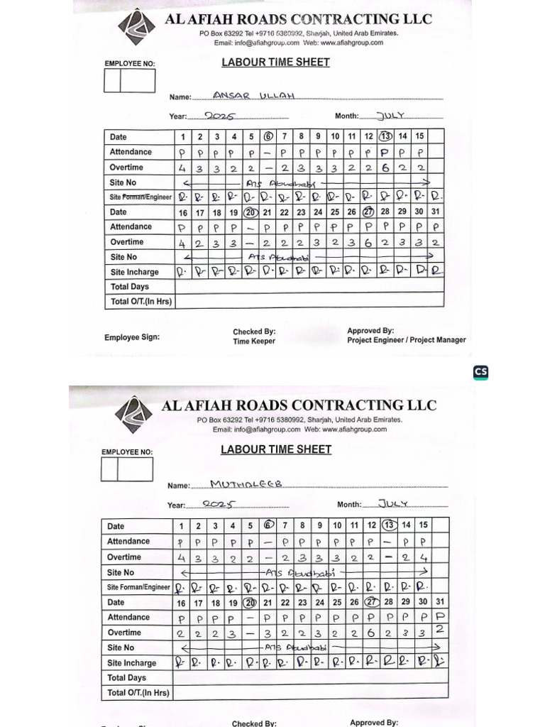 ATS Abudhabi July Timesheet | PDF