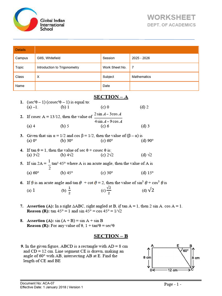 Worksheet 7- Introduction to Trigonometry | PDF | Trigonometry ...