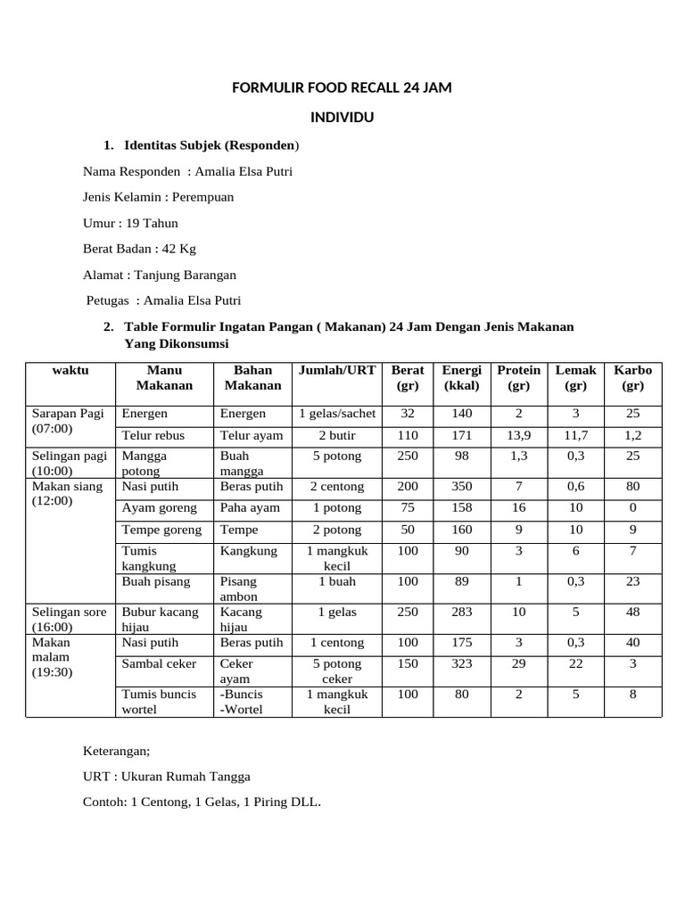 Formulir Food Recall 24 Jam Makanan | PDF