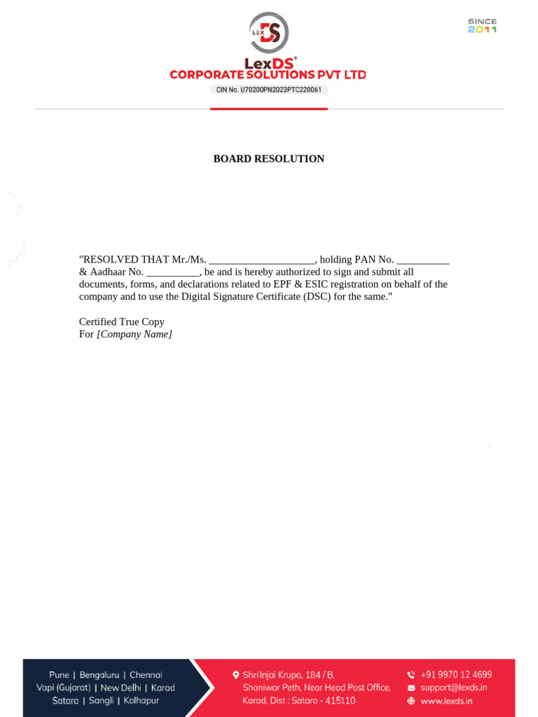 Board Resolution for EPF & ESIC Authorization | PDF