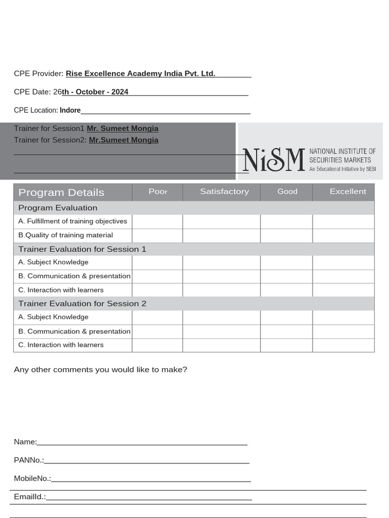 NISM CPE Feedback Form - Indore 2024 | PDF