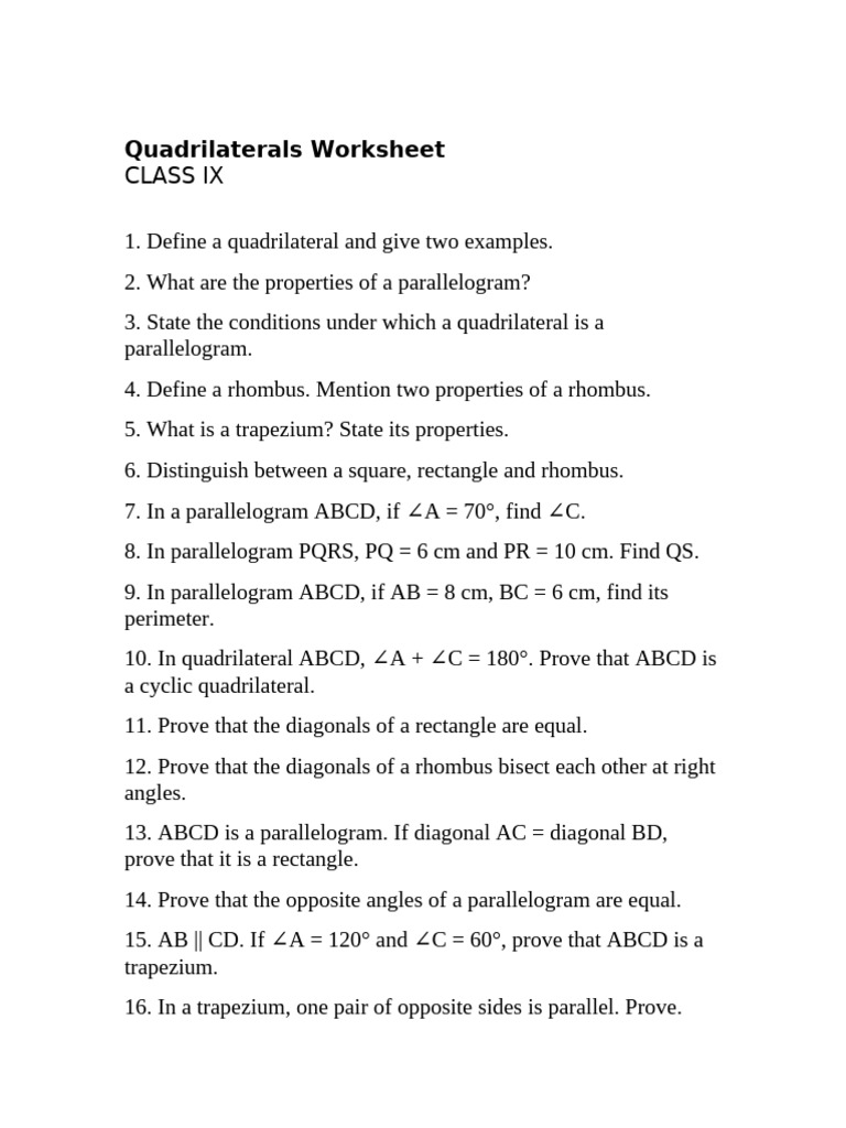 Class IX Quadrilaterals Worksheet1764671721148 | PDF