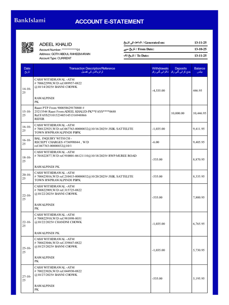 Adeel Khalid Current Account Statement | PDF