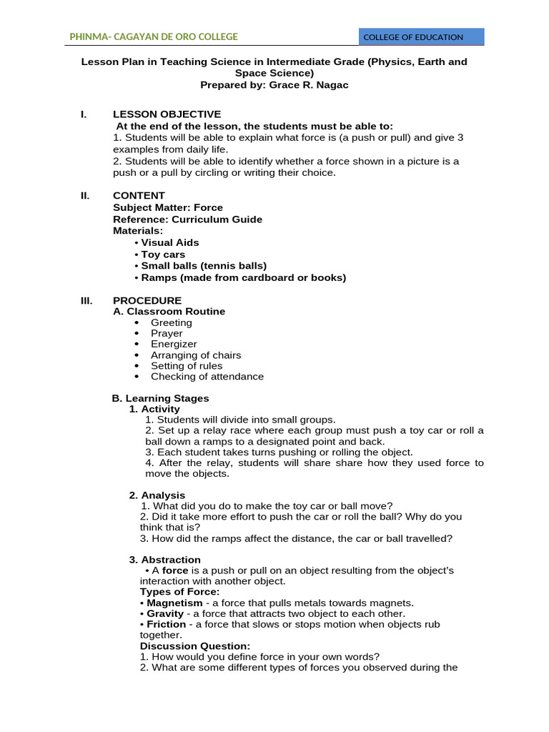 My Science Lesson Plan | PDF | Force | Lesson Plan